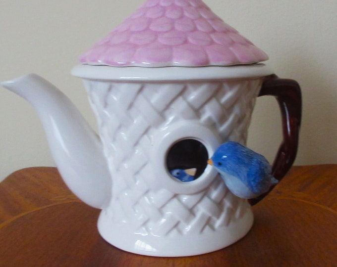 Birdhouse Teapot Ceramic Teapot Full Size White, Blue Bird, Lattice ...