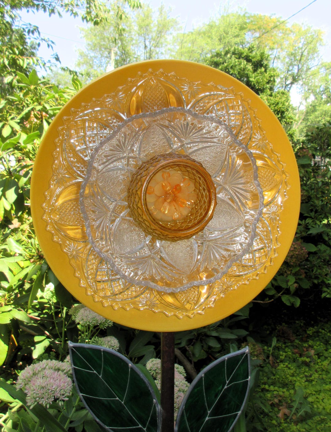 Yard Art Glass Garden Sunflower Upcycled, Vintage Glass Garden ...