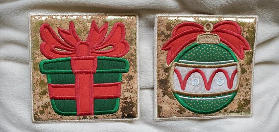 Christmas Embroidered Coaster on Cork | Etsy