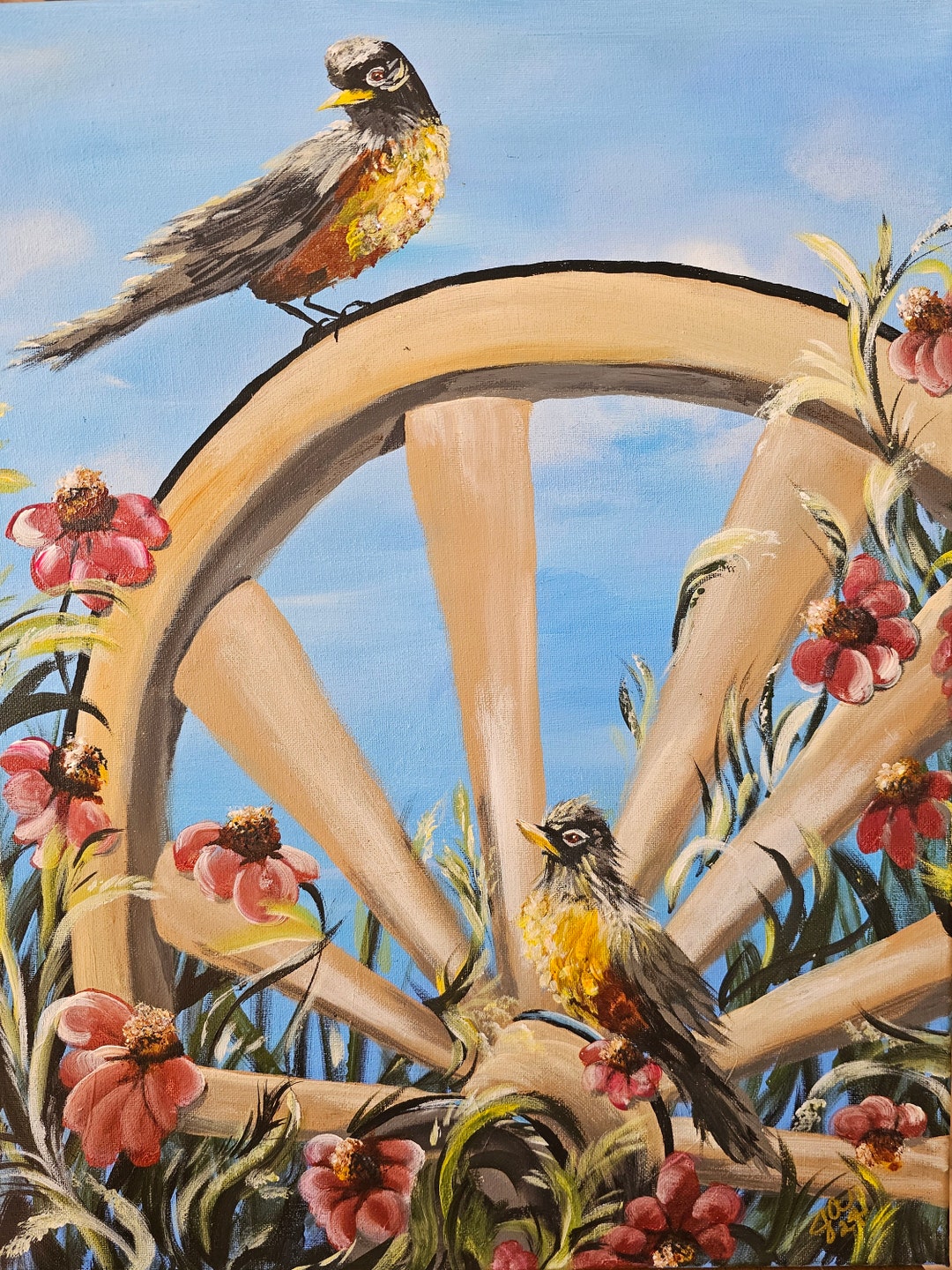 Spring Birds on Wagon Wheel, Original Painting, Hand Painted Acrylic on ...
