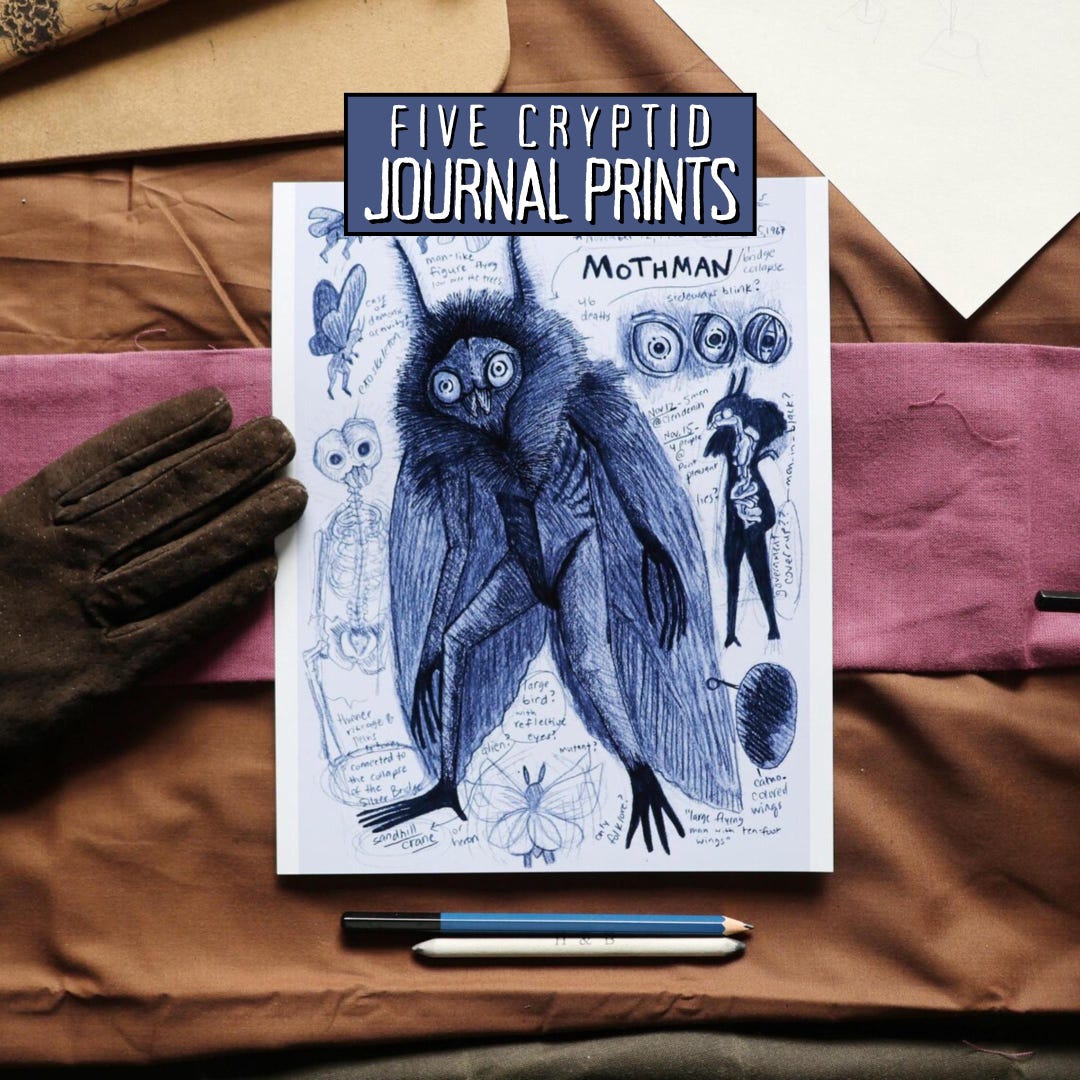 Mothman and Cryptid Journal Sketch | Bigfoot, Cattawampus, Snarly Yow, Pokim | Field Guide Print ...