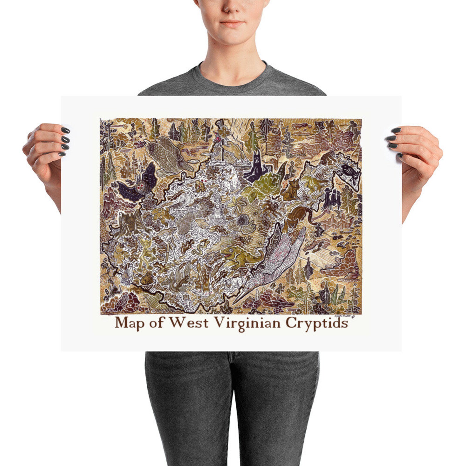 West Virginia Cryptozoology Monster Map - Etsy