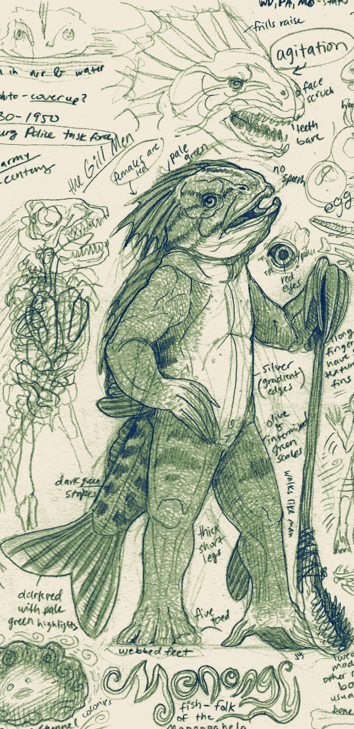 Monongy the Fish Folk: Cryptid Bestiary Sketch Art Print - Etsy