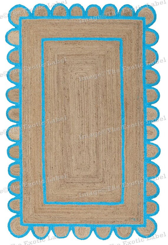 Floor & Rugs Home & Living Blue Jute Scallop Boho Decor Handmade Rug ...