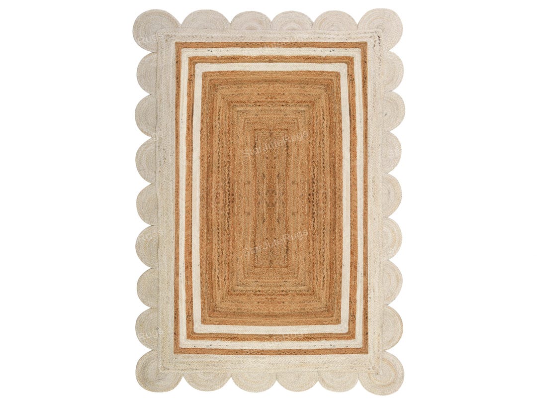 White Jute Scalloped Rug, White Jute Area Rug, Scalloped Edge Rug ...
