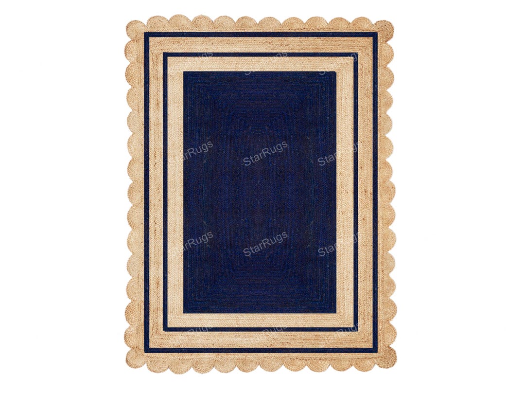Jute Scalloped Rug, Navy Blue Scallop Rug, Scalloped Edge Rug, Boho ...