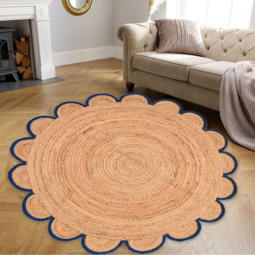 Scallop Edge Round Area Rug for Living Room 10 Feet, Bohemian Natural ...
