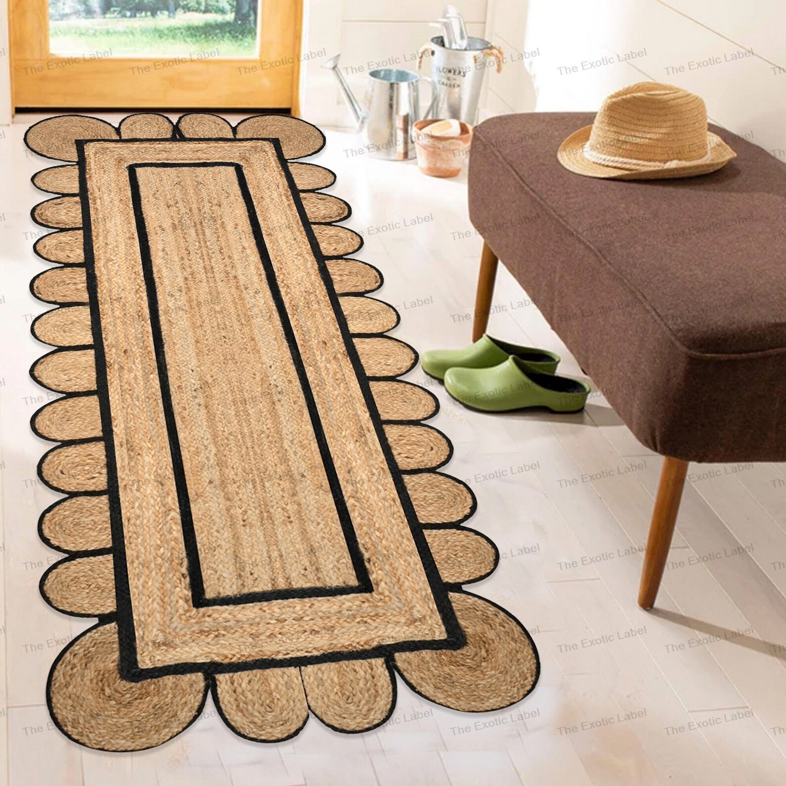 Black Border Natural Fiber Jute Scallop Kitchen Runner 3 X 10 Feet ...