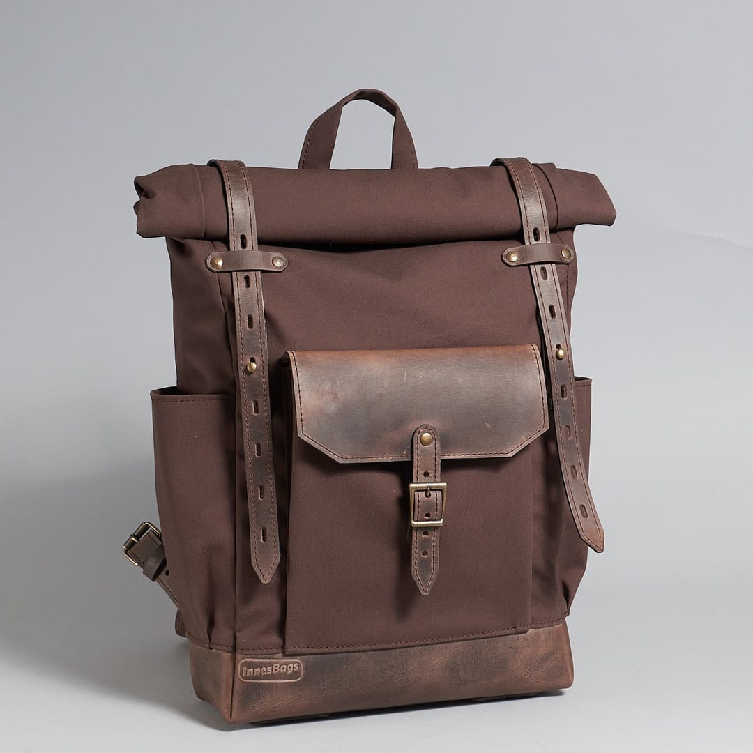 Dark Brown Waxed Cotton Leather Rucksack for Mens. Personalized Gift ...