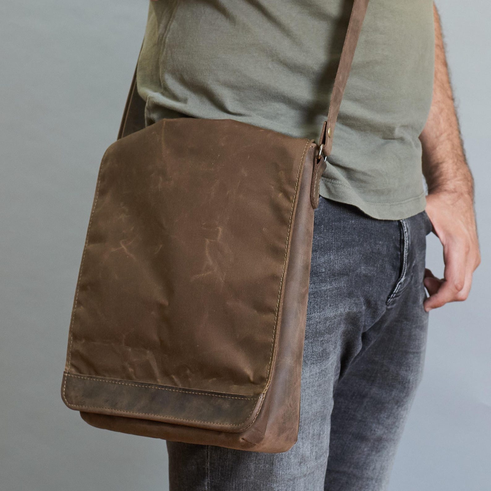 Brown Waxed Canvas Tablet Messenger Bag. Small Men's Crossbody Bag With ...