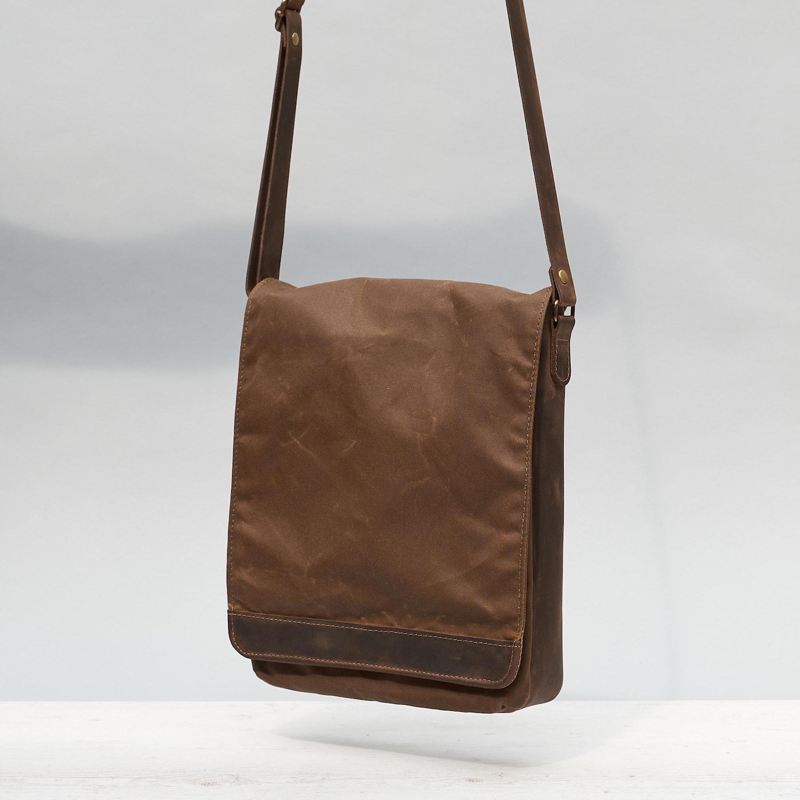Brown Waxed Canvas Tablet Messenger Bag. Small Men's Crossbody Bag With ...