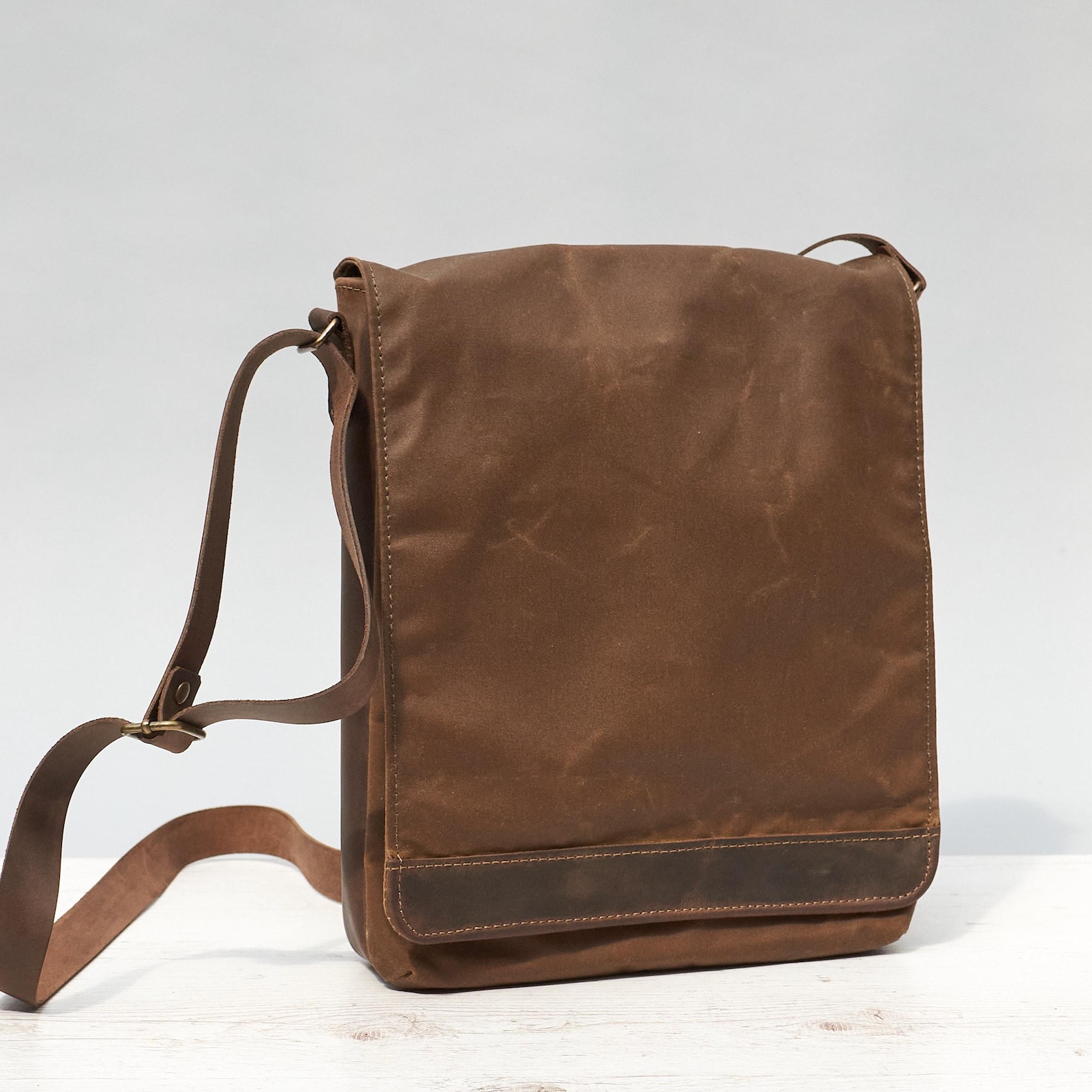 Brown Waxed Canvas Tablet Messenger Bag. Small Men's Crossbody Bag With ...