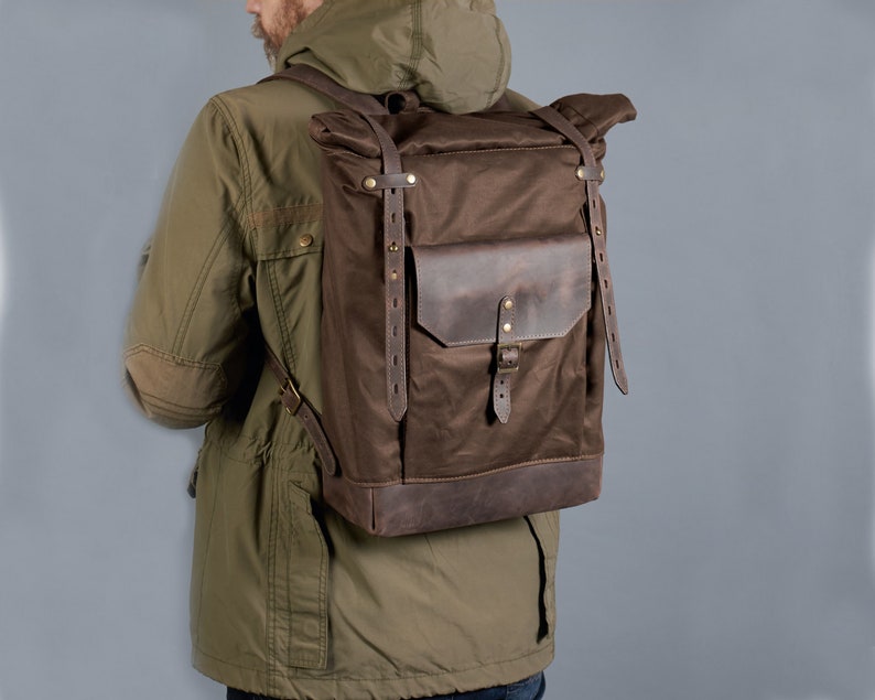 Dark Brown Waxed Cotton Leather Rucksack for Mens. - Etsy