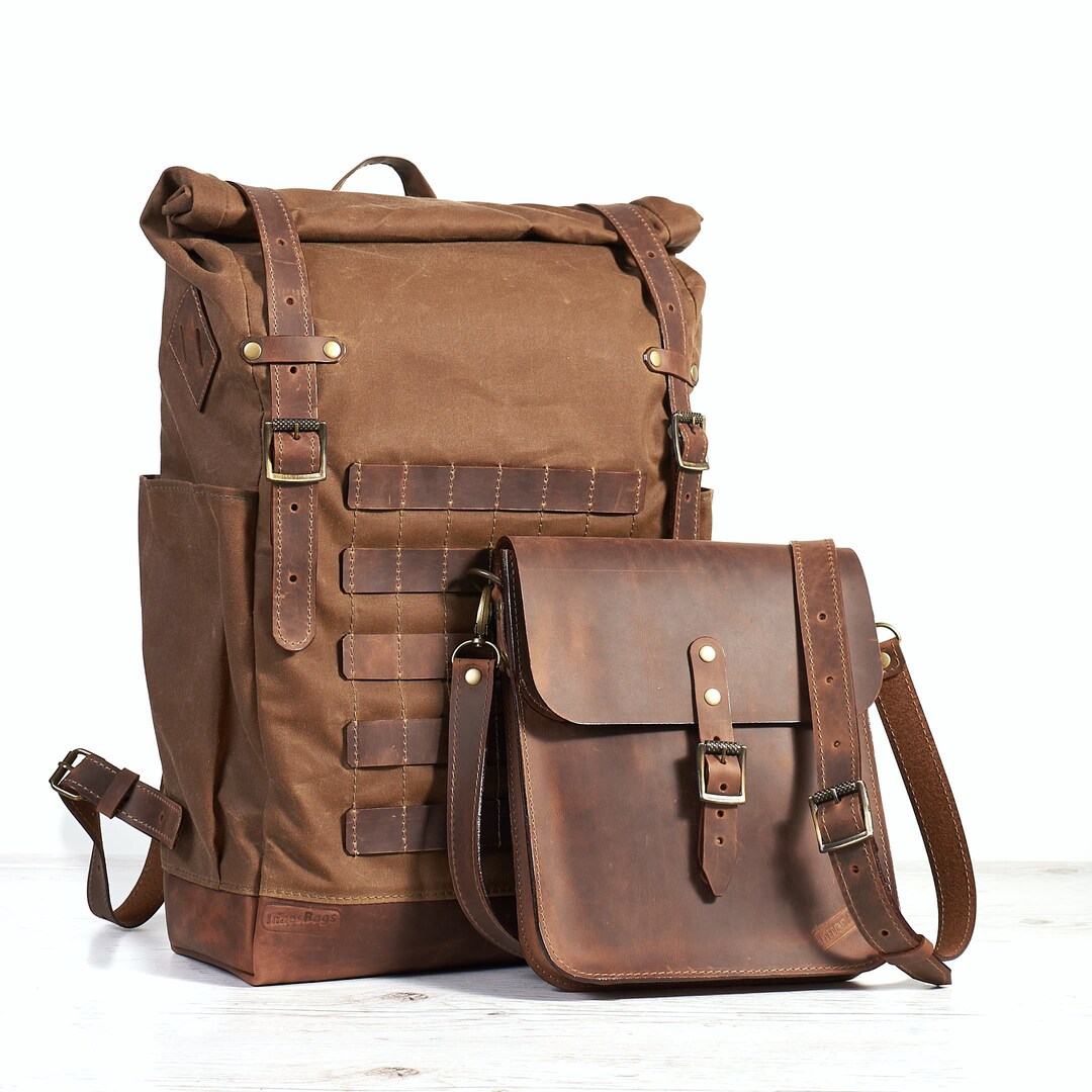 Waxed Canvas Backpack With Leather Crossbody Bag. Molle Travel Backpack ...