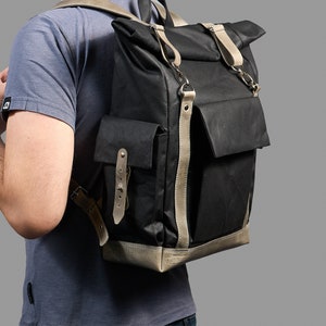 Black Waxed Canvas and Leather Commuter Backpack. Waterproof Roll Top ...