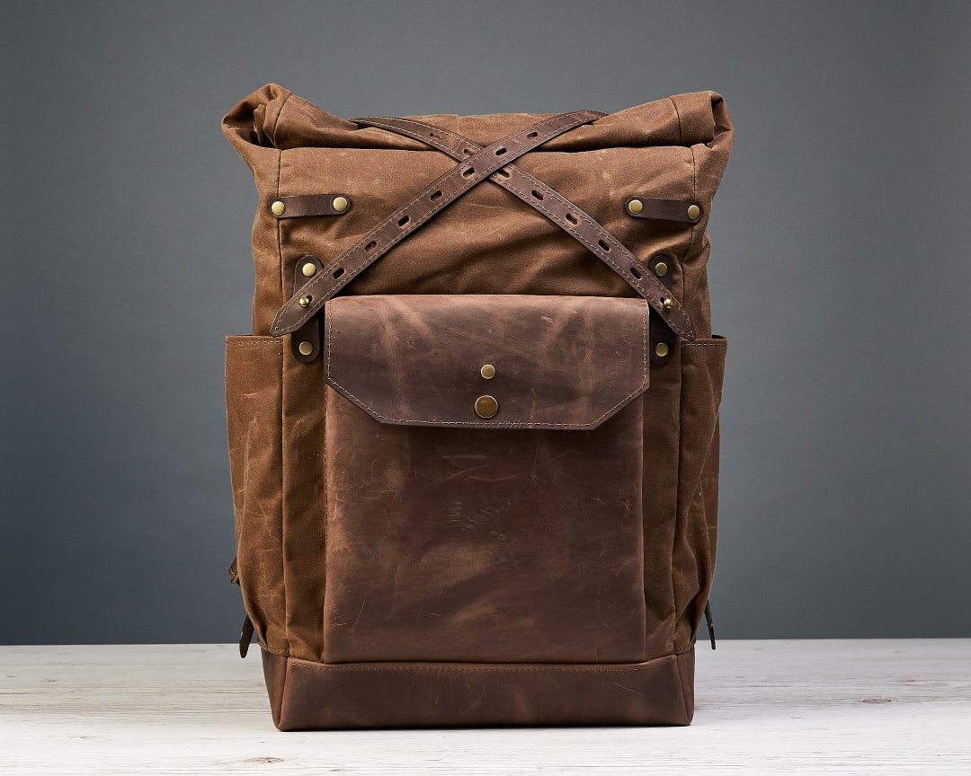 Waxed Canvas Backpack for Laptop. Tan Canvas and Cognac Leather ...