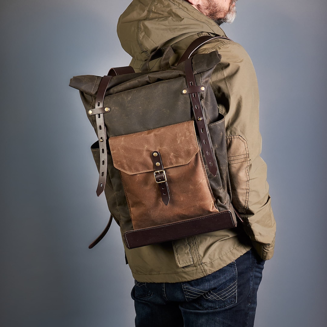 Waxed Canvas Leather Backpack. Customizable Laptop Rucksack. Commuter ...