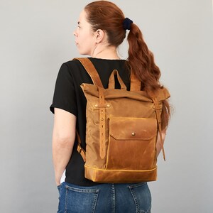 Yellow Waxed Canvas Roll Top Backpack. Canvas Leather School Backpack ...