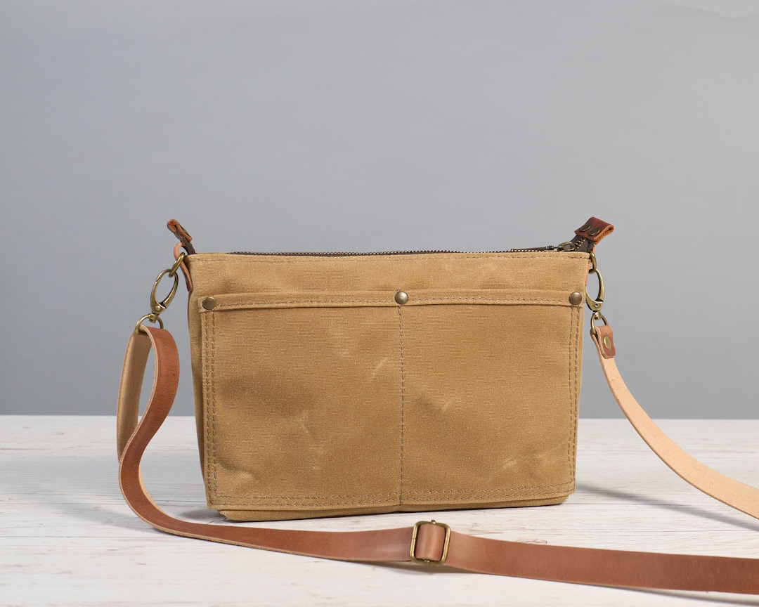 Small Waxed Canvas Crossbody Bag With Leather Shoulder Strap. Zippered ...