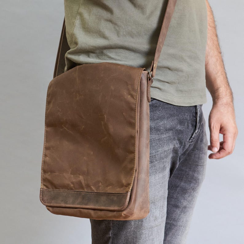 Brown Waxed Canvas Tablet Messenger Bag. Small Men's Crossbody Bag With ...