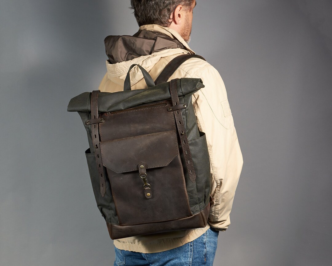 Waxed Canvas Travel Backpack. Waterproof Laptop Backpack With Leather ...