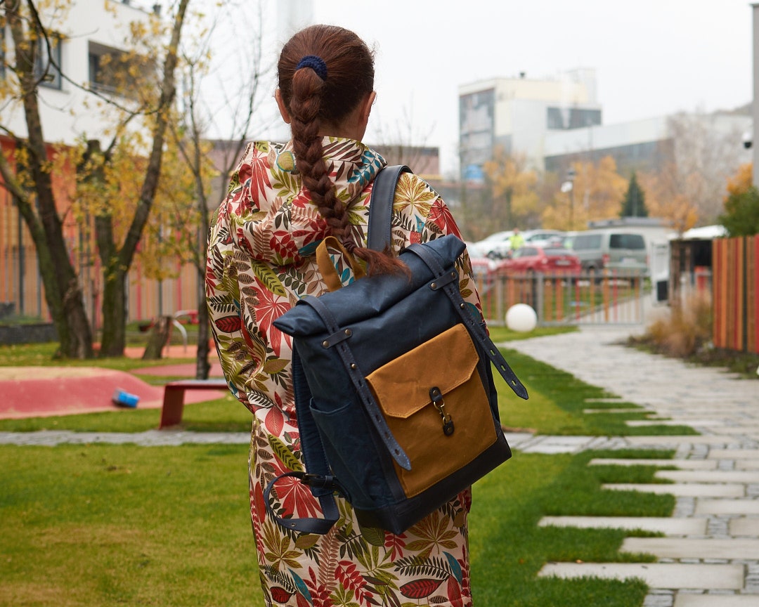 Navy Blue and Yellow Waxed Canvas Leather Backpack. Personalized ...