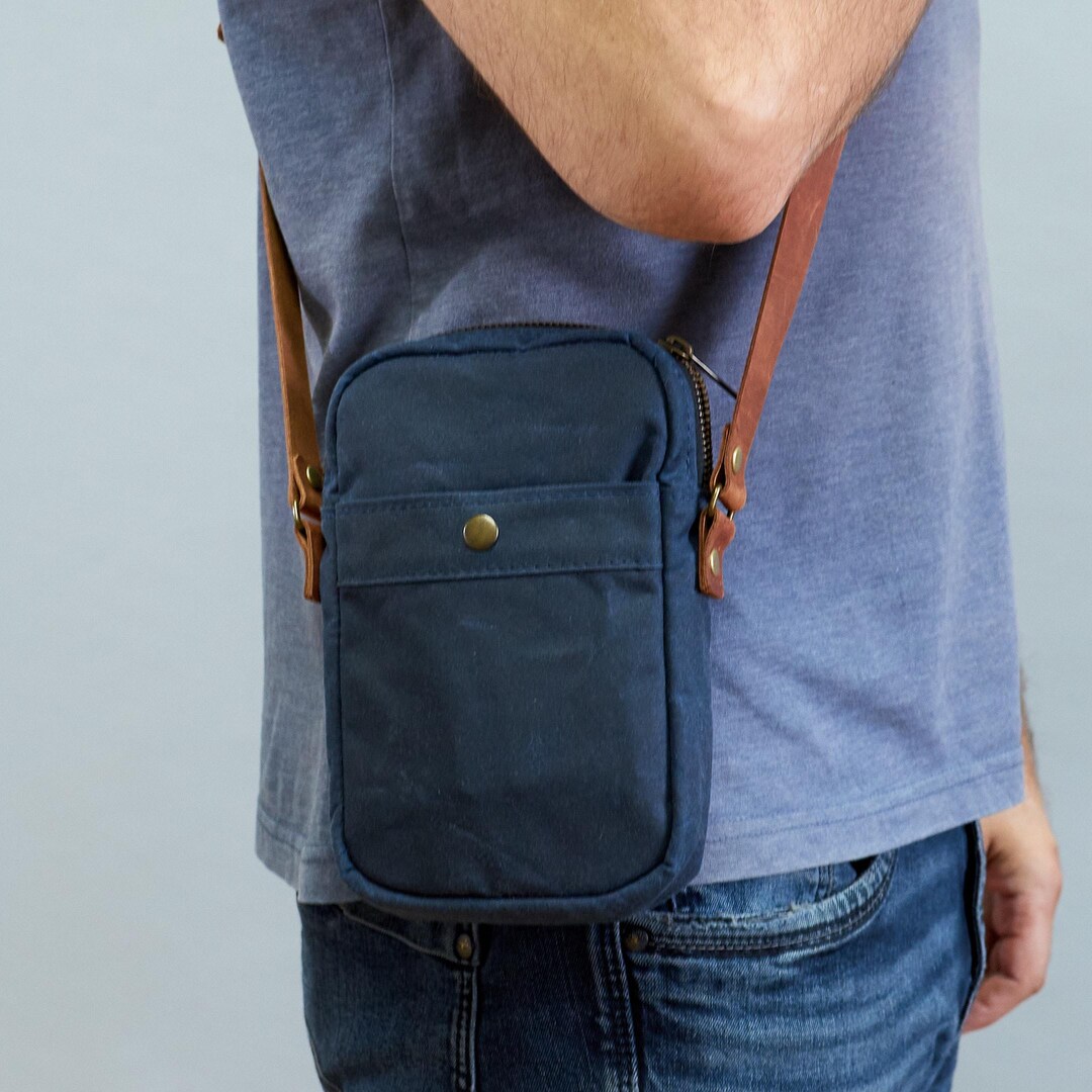 Navy Waxed Canvas Small Crossbody Bag. Cell Phone Purse. Waterproof ...