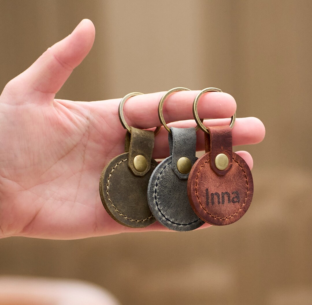 Round Leather Keychains With Engraving. Monogrammed Keyring. Custom ...