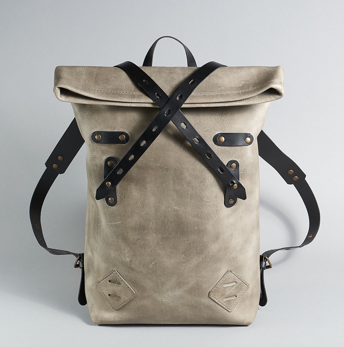 Grey Leather Roll Top Backpack. Minimalist Black and Grey - Etsy