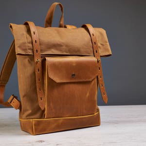 Yellow Waxed Canvas Roll Top Backpack. Canvas Leather School Backpack ...