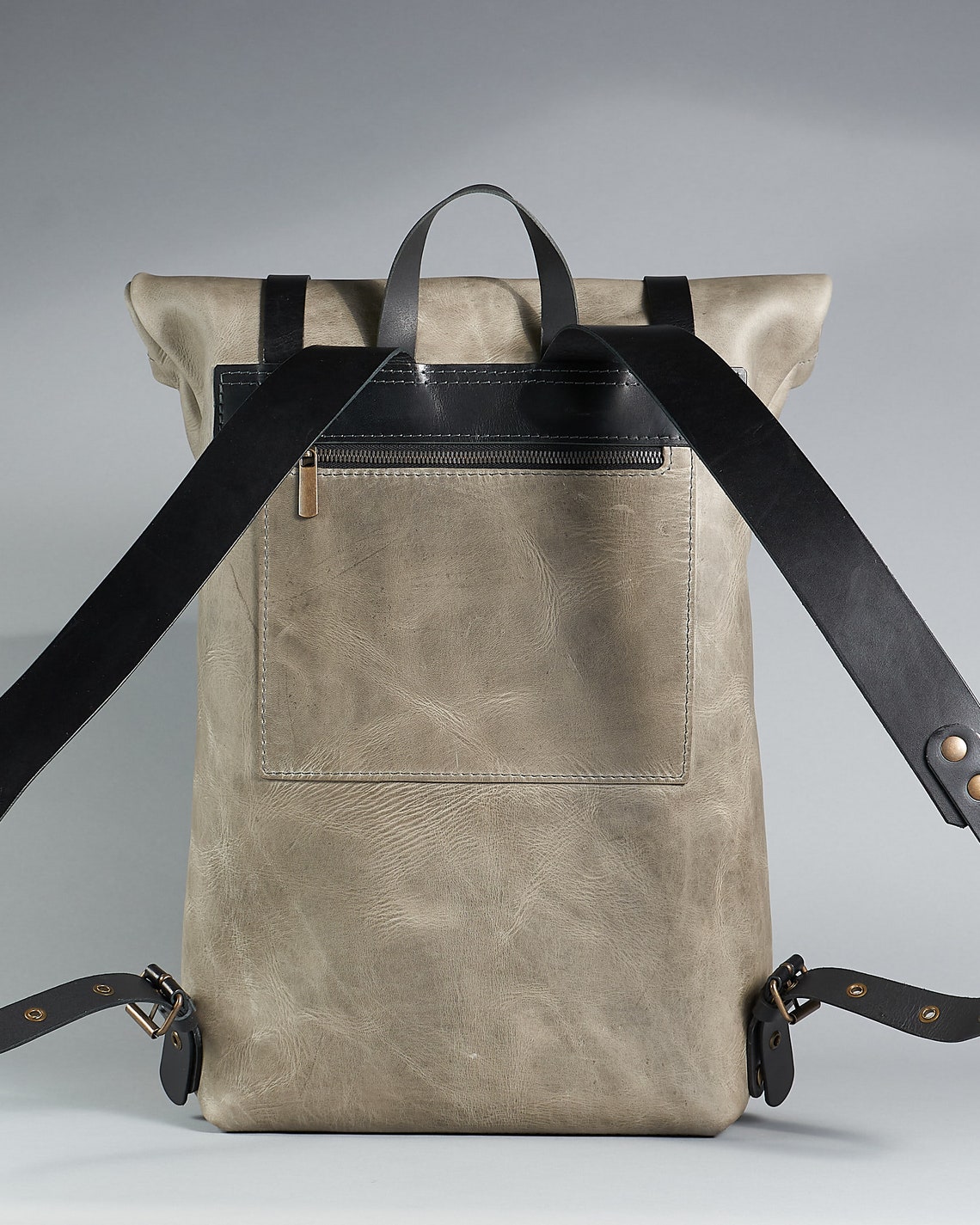 Grey Leather Roll Top Backpack. Minimalist Black and Grey - Etsy