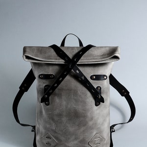Grey Leather Roll Top Backpack. Minimalist Black and Grey Everyday ...