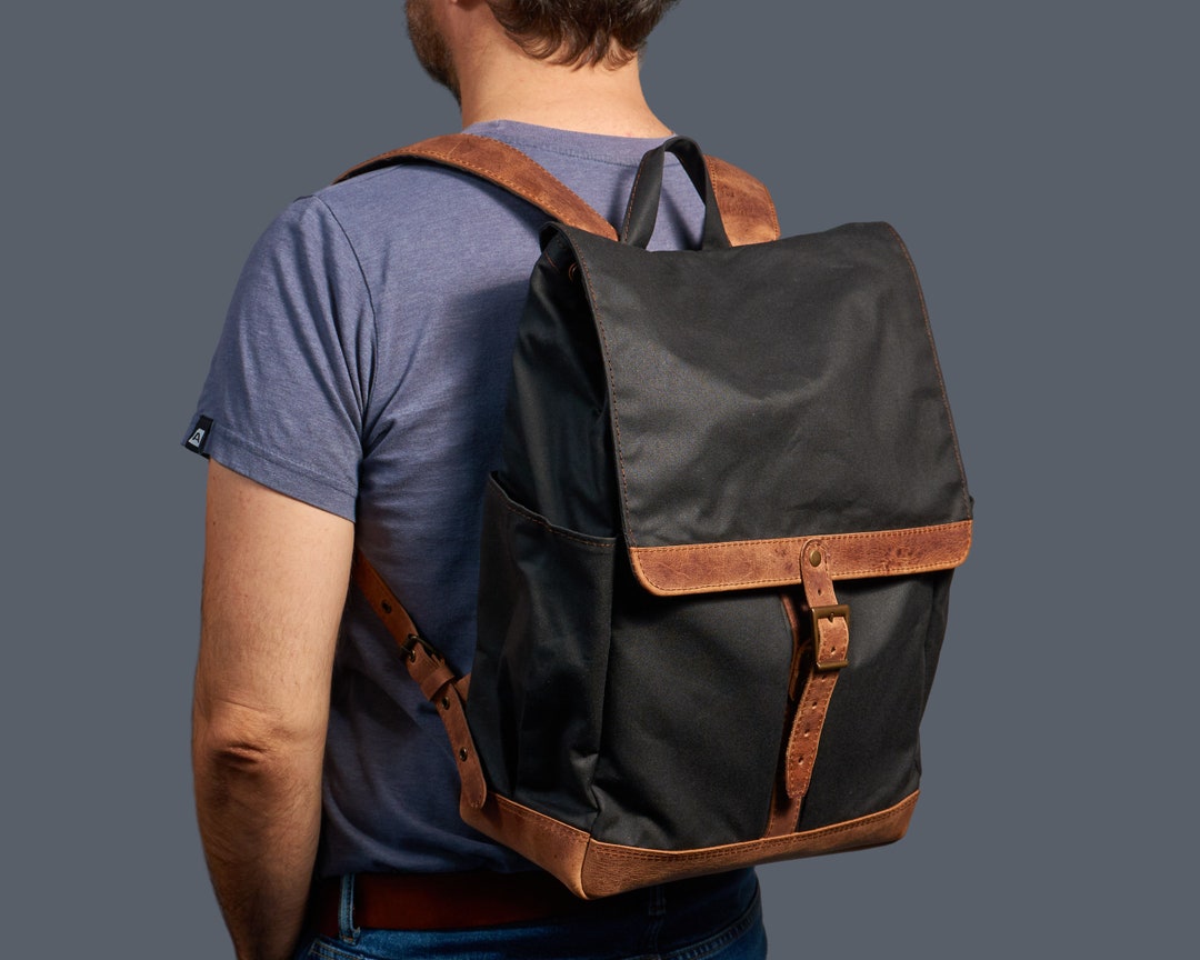 Custom Black Waxed Canvas Backpack. Personalized College & Work Bag ...