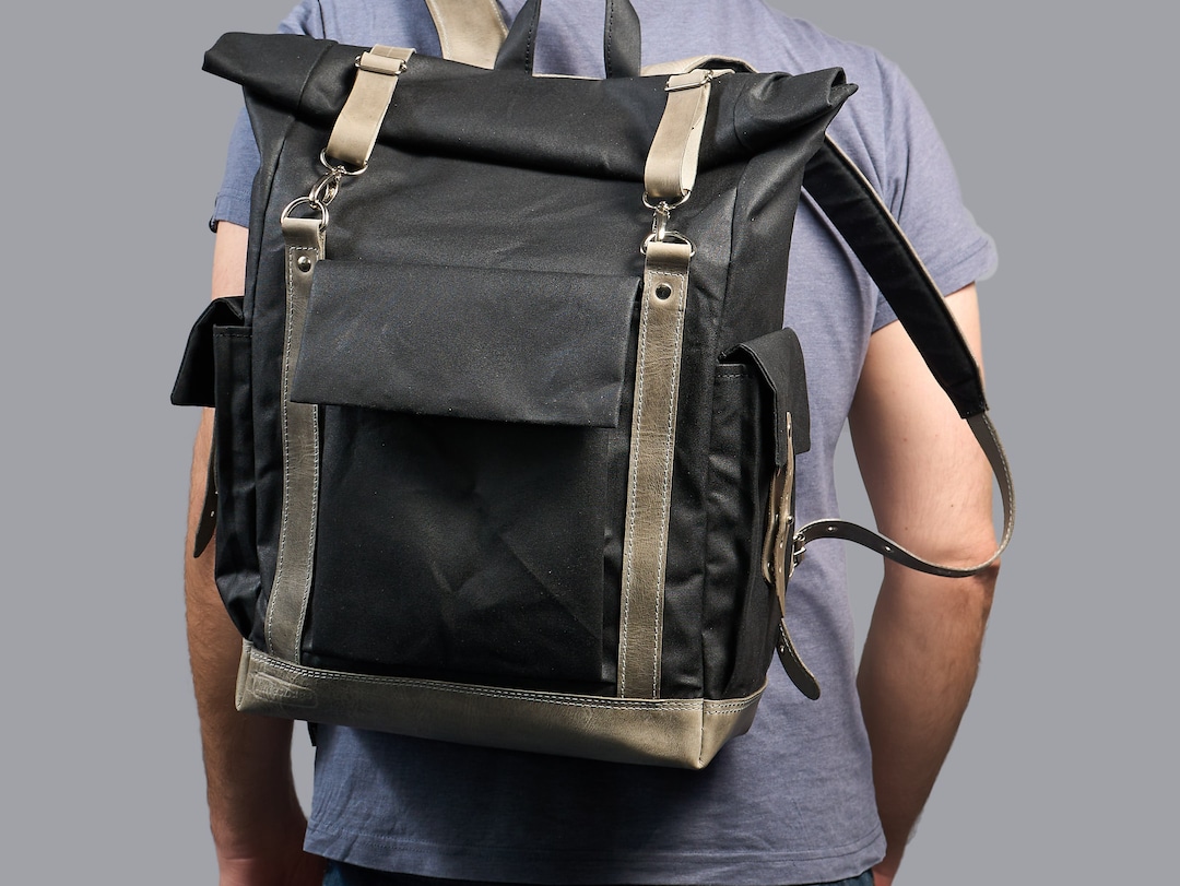 Black Waxed Canvas and Leather Commuter Backpack. Waterproof Roll Top ...
