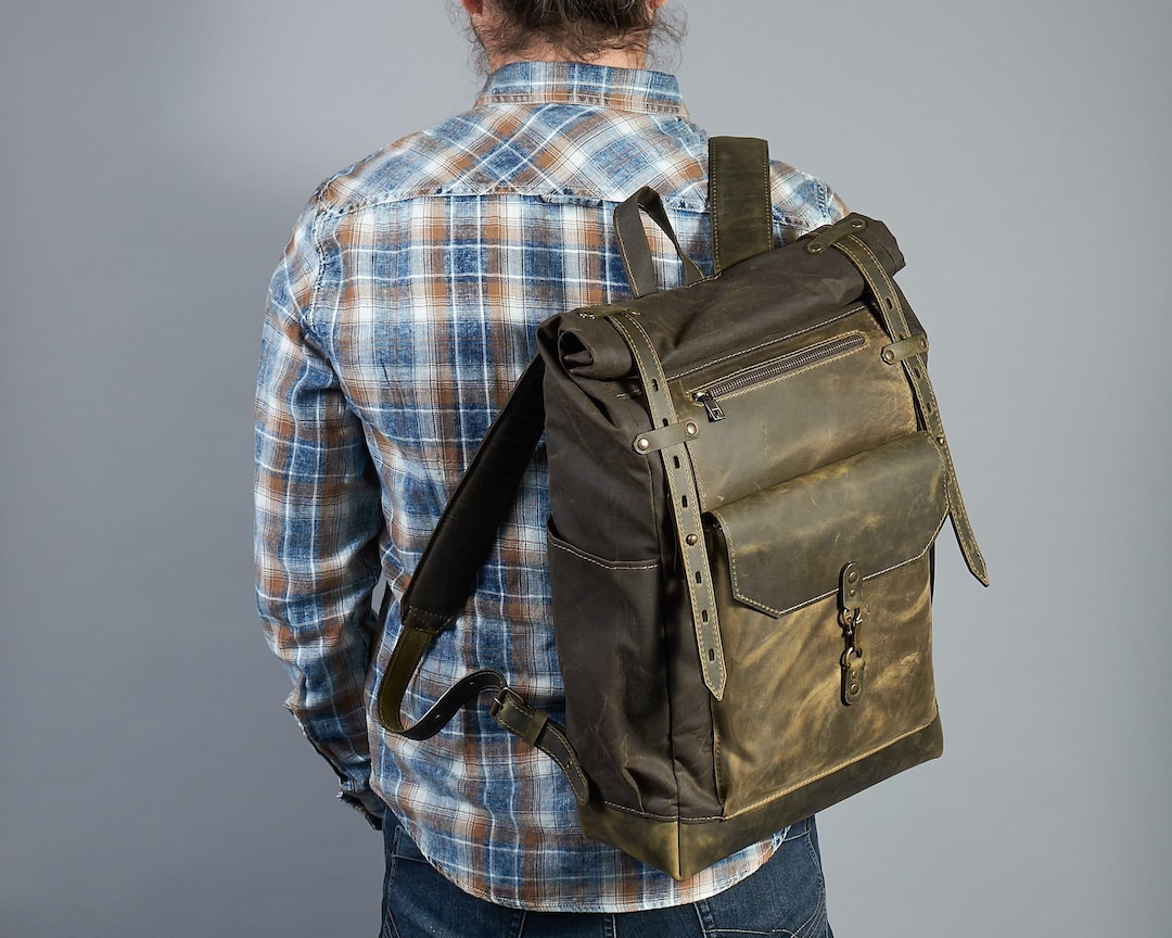 Olive Green Waxed Canvas Backpack. Waterproof Canvas and Leather Roll ...
