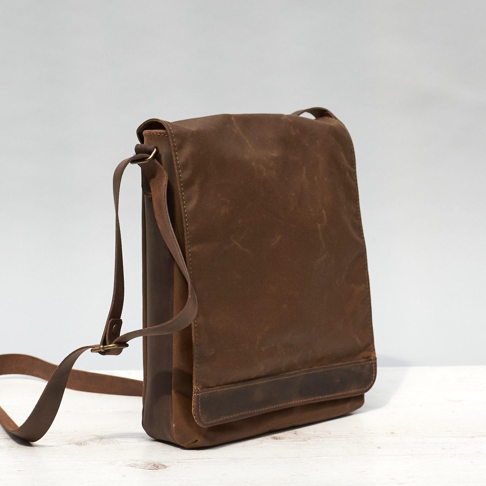 Brown Waxed Canvas Tablet Messenger Bag. Small Men's Crossbody Bag With ...