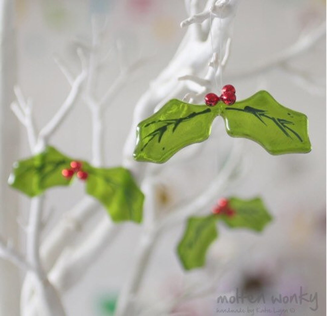 Glass Holly With Red Berry Bells | Fused Glass Hanging Decoration ...