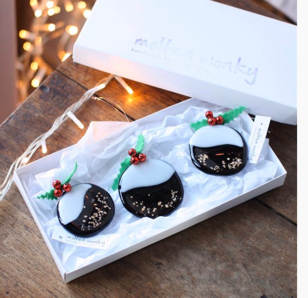 Christmas Pudding Ornament | 3 Fused Glass Christmas Tree Decoration ...