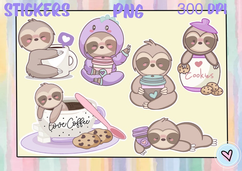 Printable Stickers PNG Sloths Coffee Biscuit Print and Cut - Etsy