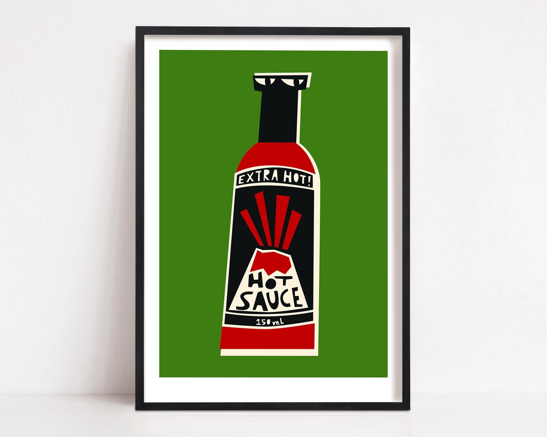 Hot Sauce Poster for Kitchen, Mid Century Decor, Very Spicy Food Art ...