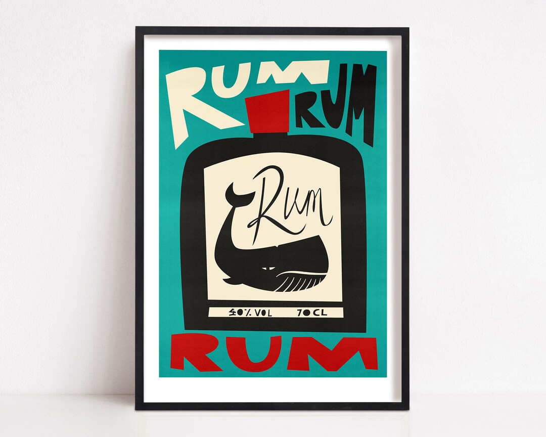 Rum Poster, Alcohol Sign, Mid Century Print, Retro Foodie Gift, Whale ...