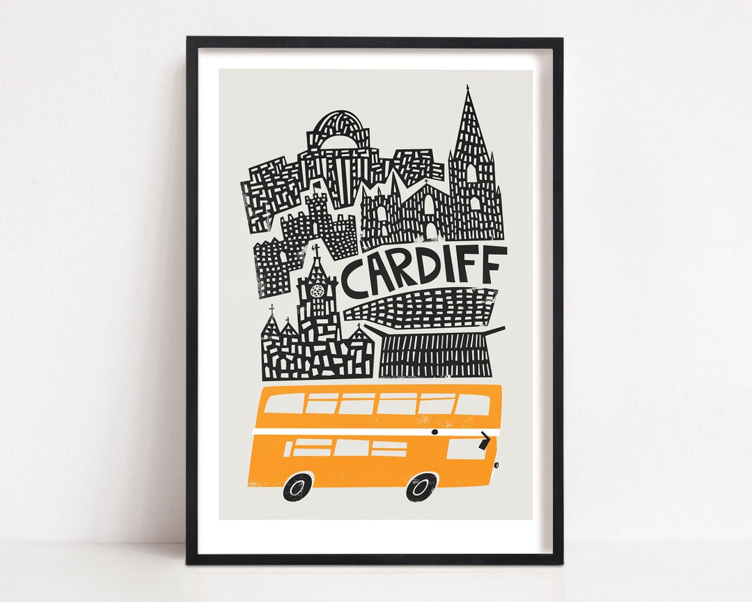 Cardiff Print, Cityscape Poster, Wales Art, Travel Art, Bus Print ...