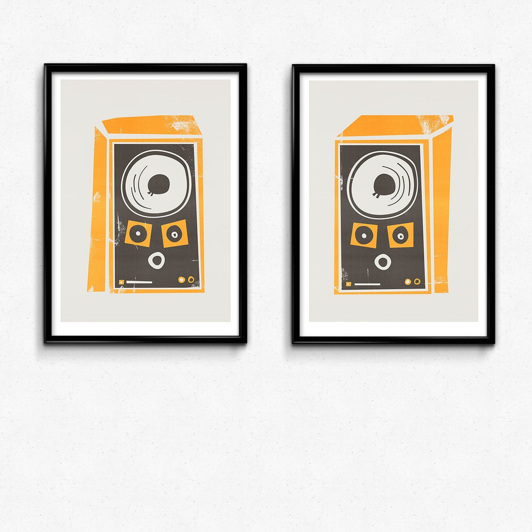 Music Gift, Set of Two Prints, Retro Style Speakers, Mid Century Modern ...