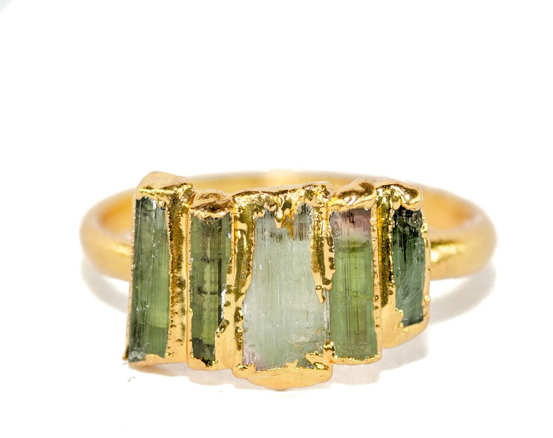 Green Tourmaline 22K Gold Ring, Handmade Raw Green Tourmaline Crystal ...
