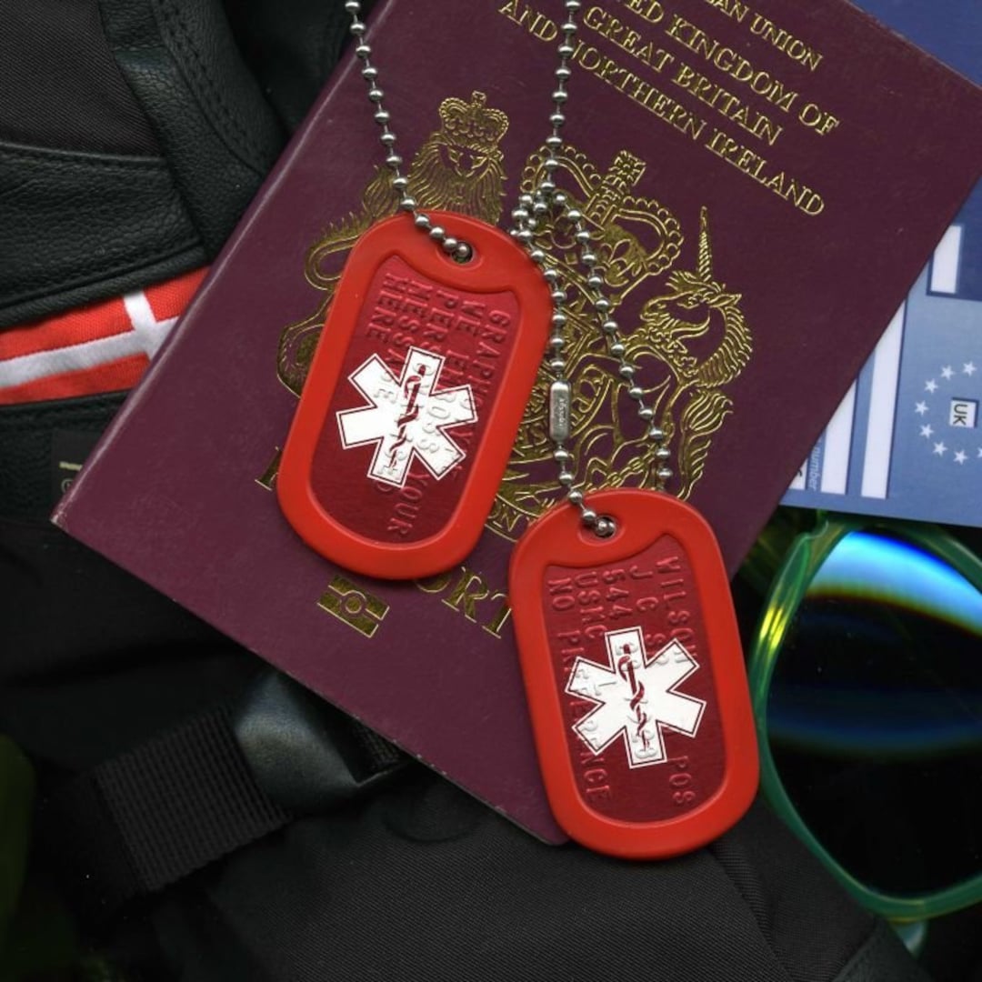 Red Medical ID Star of Life Army Dog Tags With Steel Chains & Red ...