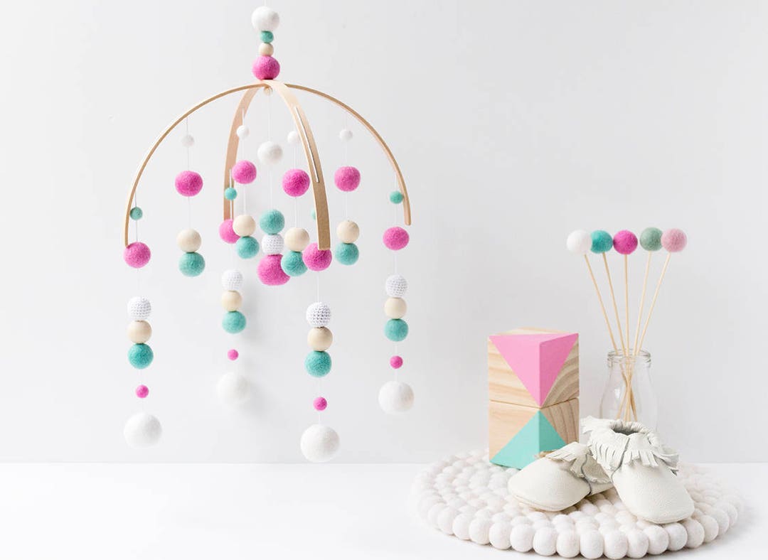 Pink and Aqua Green Baby Mobile - Girl Felt Pom Pom Crib Mobile ...