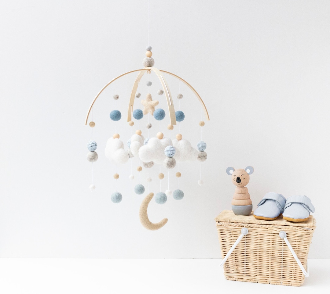 Baby Blue and Beige Baby Mobile - Boy Crib Mobile - Moon and Clouds and ...