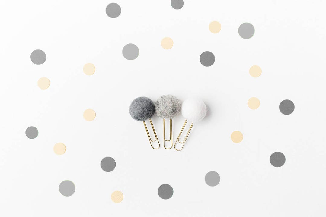 3 X Pom Pom Paper Clips. Grey and White. Journal Clip Book Mark Paper ...