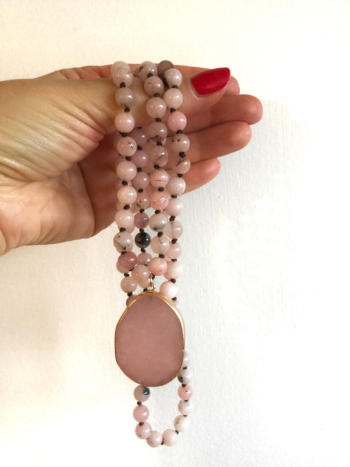 Long Knotted Pink Beaded Pendant Necklace. - Etsy