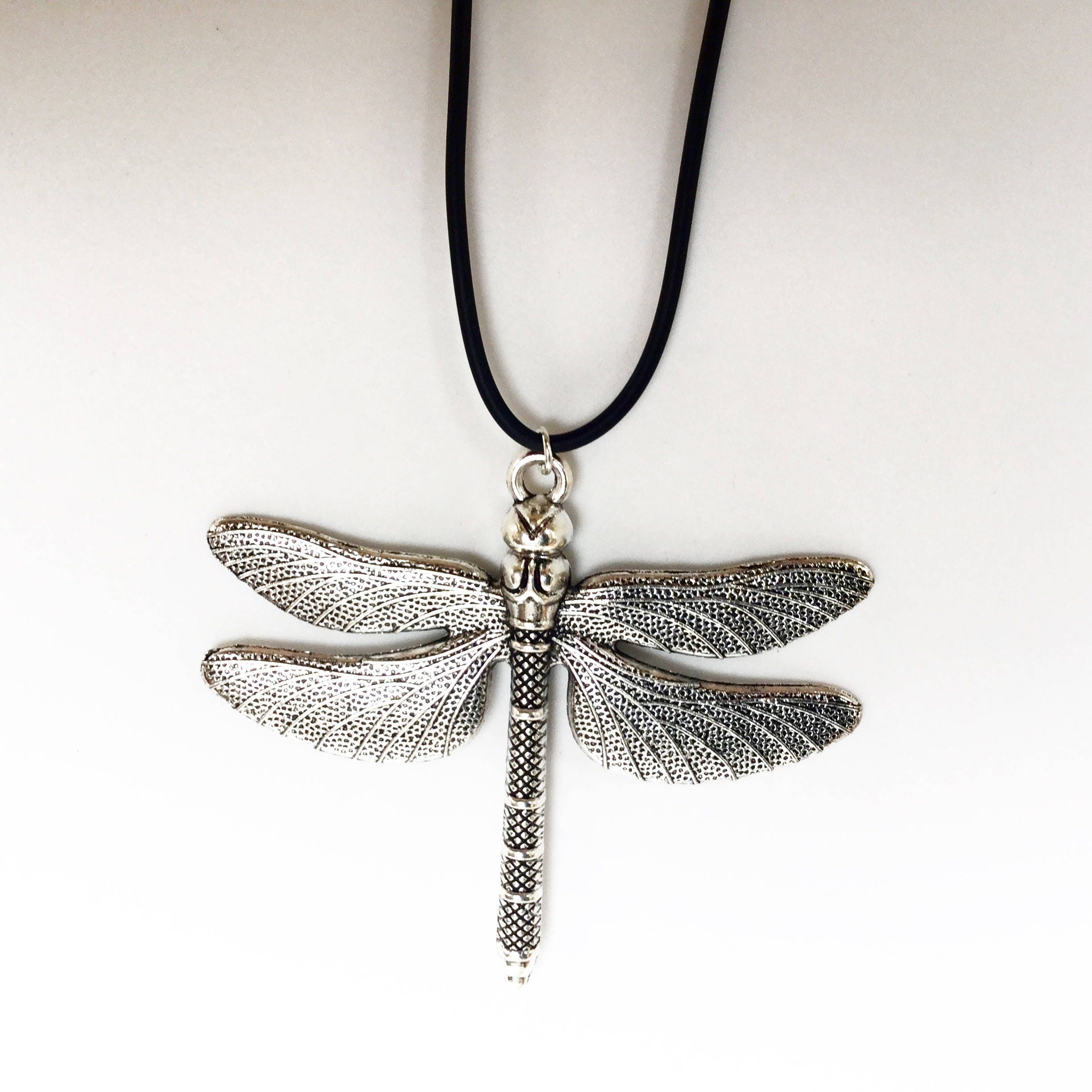 Necklace With Silver Dragonfly Pendant. Leather Cord With | Etsy